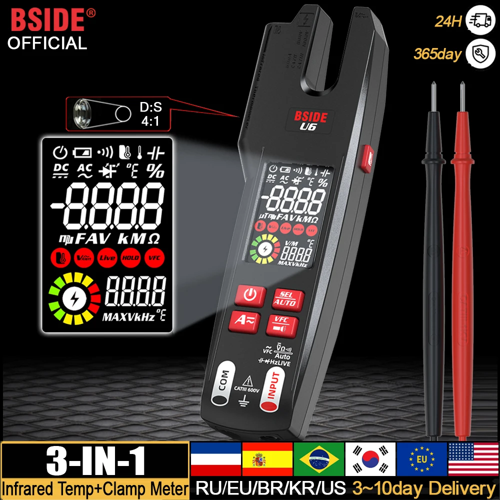 BSIDE-Professional-Digital-Clamp-Meter-U6-Fork-600A-Ammeter-Pliers-T ...