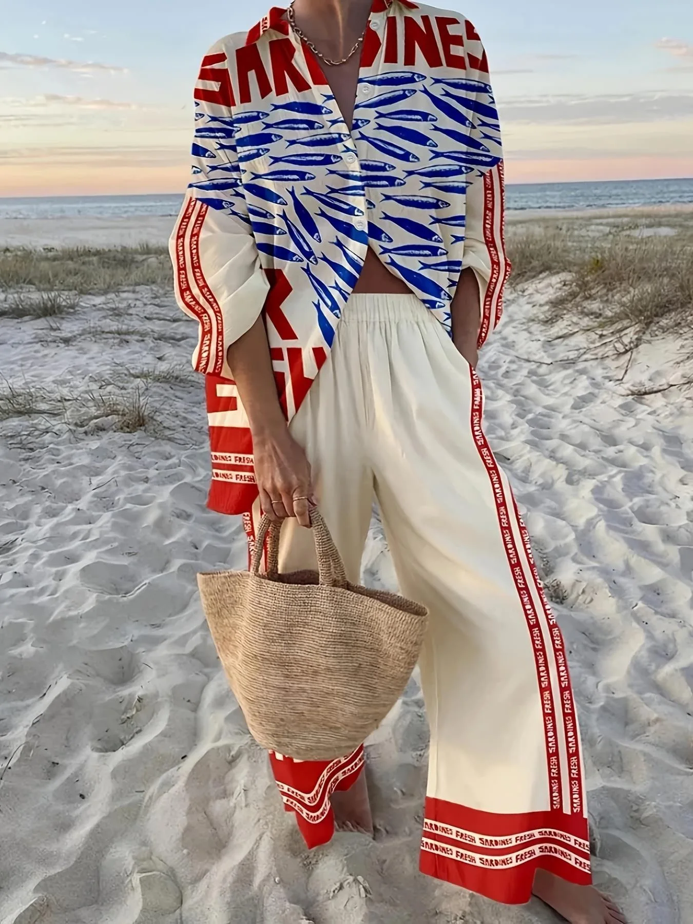 Fashion Print Beach Holiday 2-Piece Set Women Spring Summer Long Sleeve ...