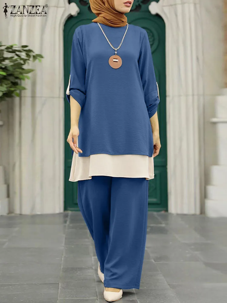 2PCS Muslim Sets ZANZEA Two Piece Sets Womens Vintage Patchwork Blouse ...
