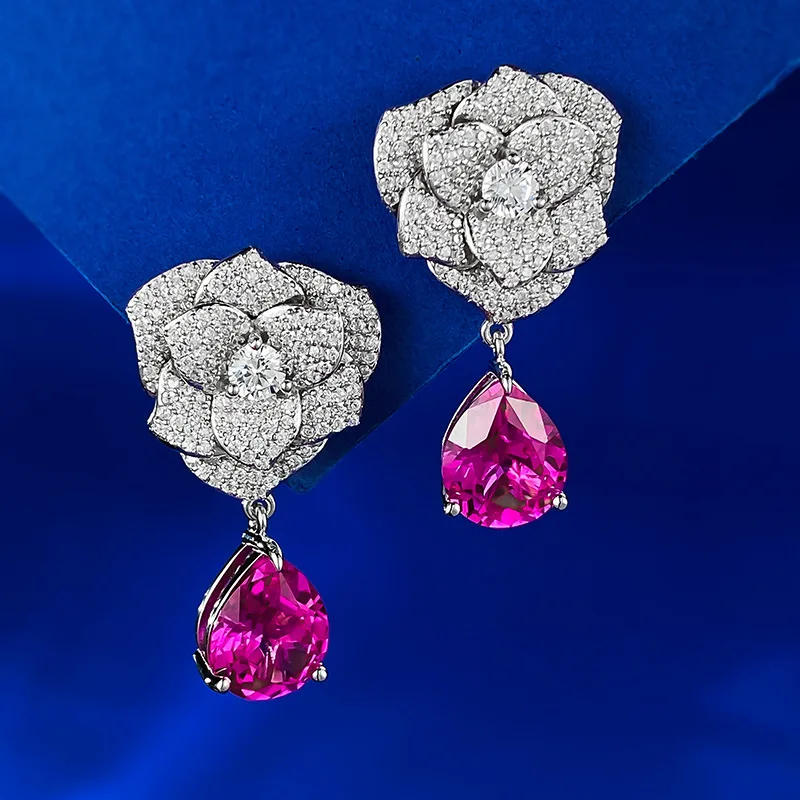 Charm Flower Ruby Diamond Dangle Earring 100% Real 925 Sterling Silver ...