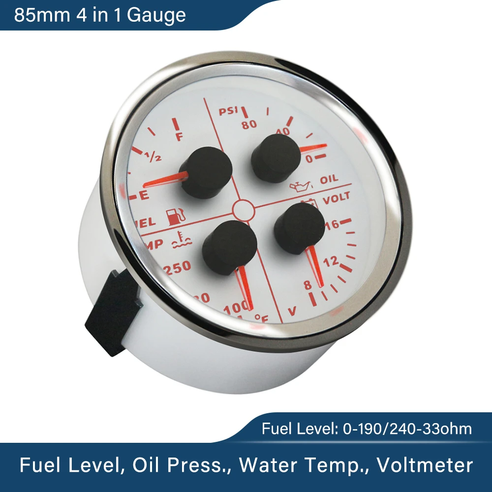 ELING Waterproof 85mm 4 in 1 Gauge Oil Pressure Water Temp Fuel Level ...