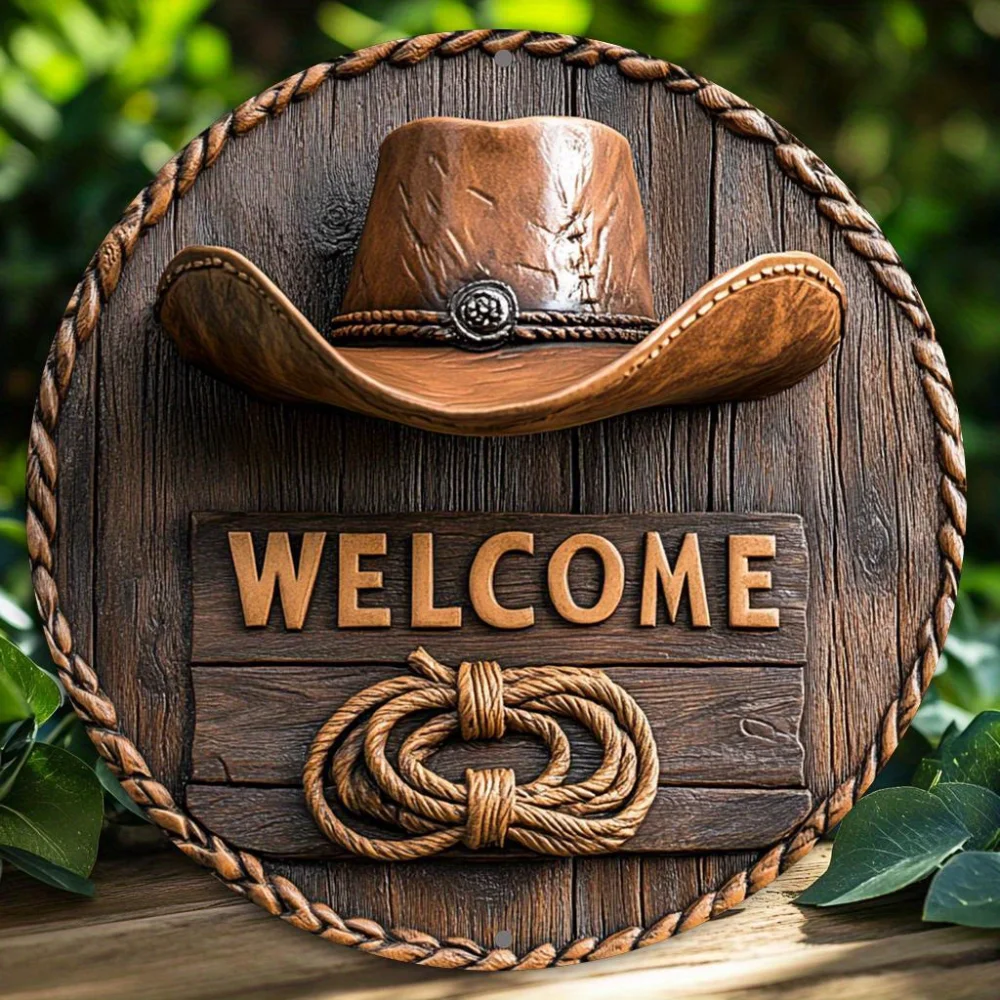 2D Flat Rustic Welcome Sign with Cowboy Hat Rope Design 8x8 Inch Wall ...