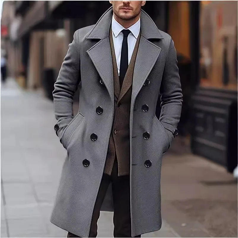 Autumn and Winter Men's Woolen Coat with Double Row Buttons Lapel Long ...