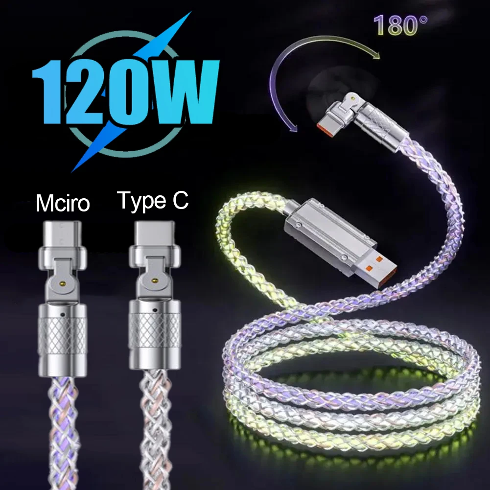 6A-120W-RGB-Gradient-Lighting-Charging-Cable-180-Rotatable-Micro-USB ...