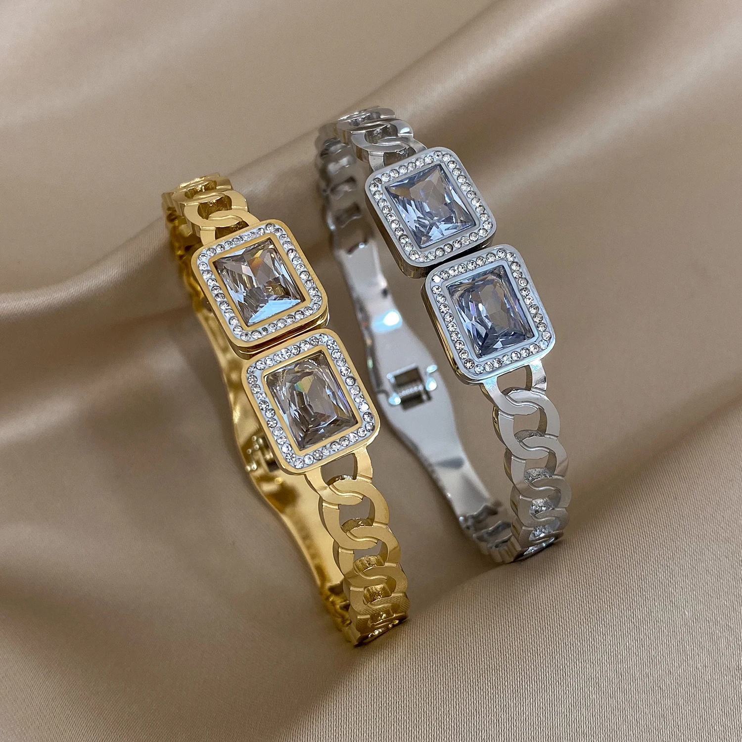 ALLYES Chic 316L Stainless Steel Big White Square Zircon Open Bangles ...