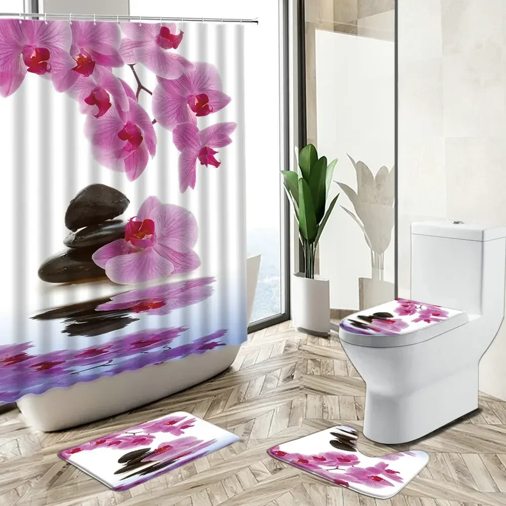 Zen Shower Curtain Orchid Green Bamboo Stone Water Reflection Spa Home ...