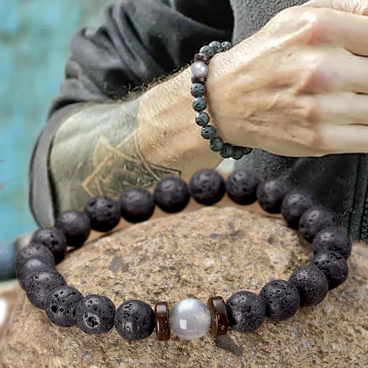 8mm-Black-Lava-Stone-Bracelets-for-Men-Coconut-Shell-Labradorite-Beads ...