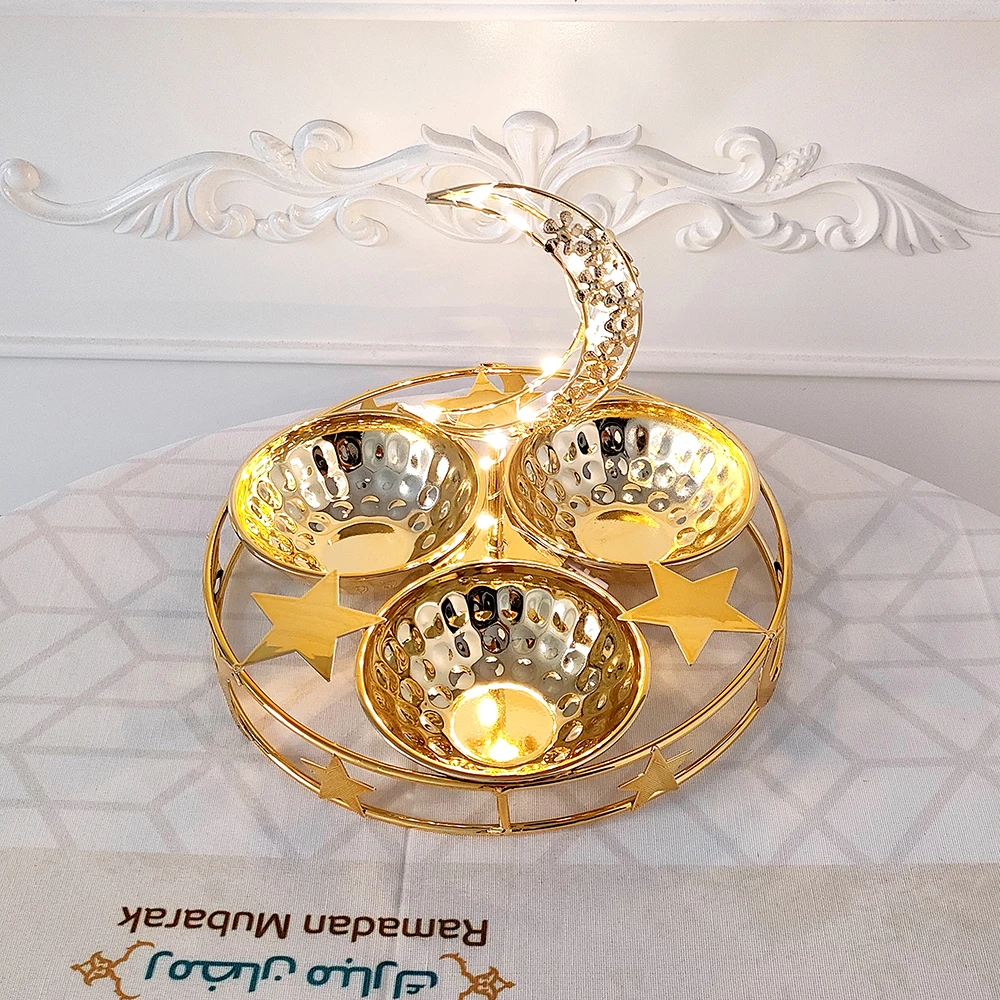 Eid Mubarak Metal Gold Nut Dessert Tray Star Moon Shaped Plate With Led ...