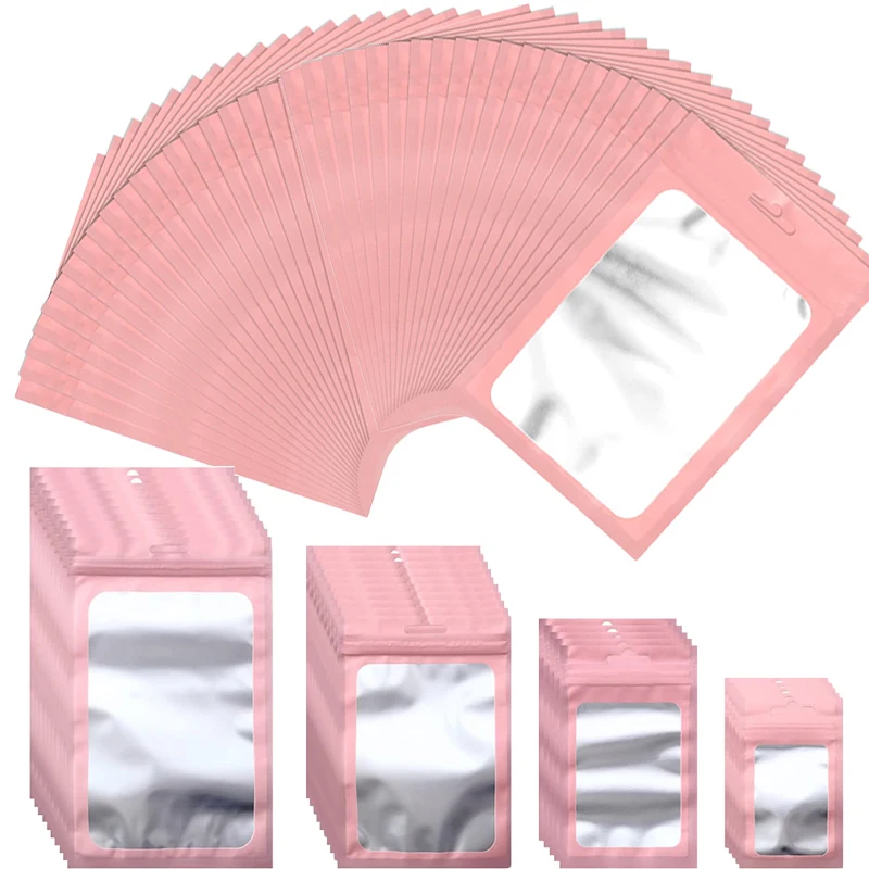 50pcs Plastic Matte Pink Aluminum Foil Zip Lock Packaging Bag Jewelry ...