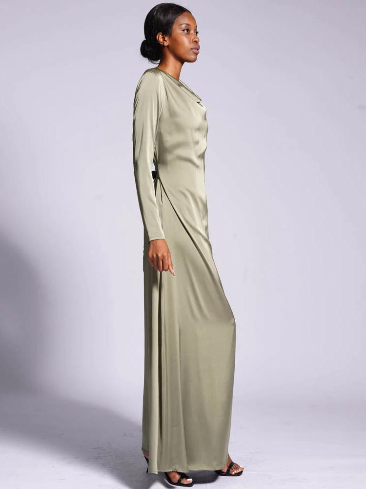 Dress Lace Up Solid Eid Muslim Dress Women Satin Abaya Party Elegant Dresses Ramadan Abayas ...