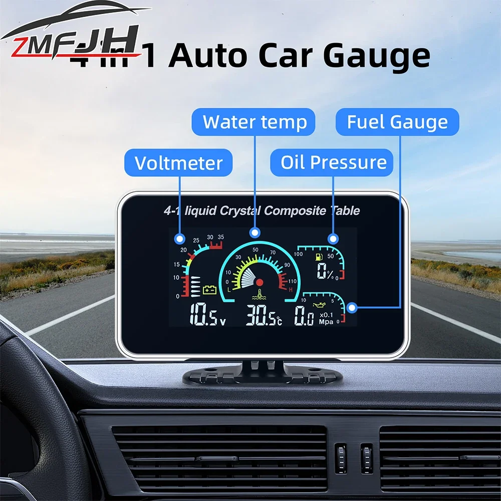 4 In 1 LCD 12v/24v Oil Pressure Voltmeter Volt Water Temperature Oil ...