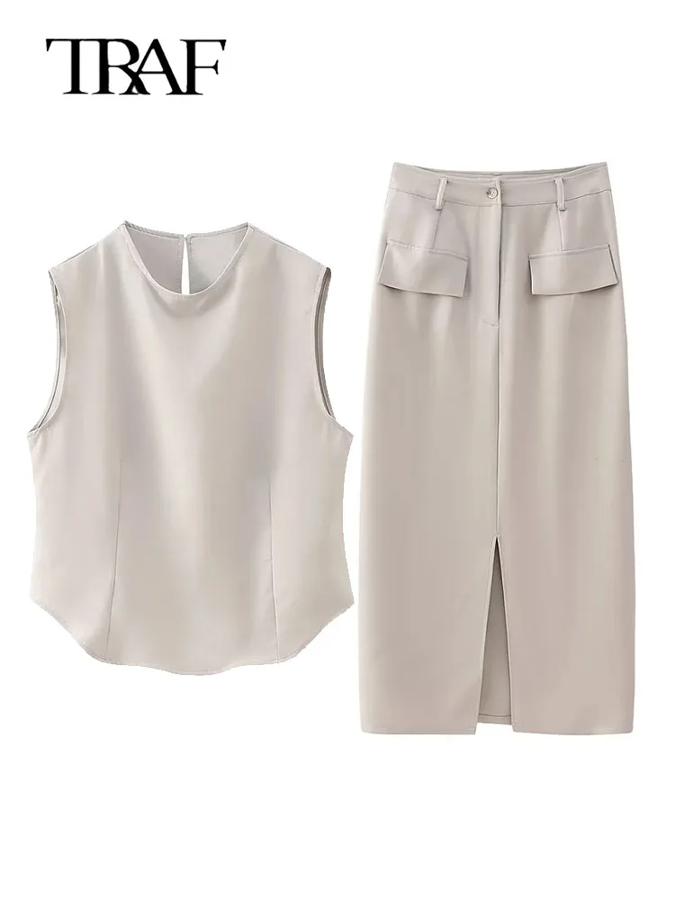 TRAF-Women-s-2-Pieces-Vest-Coat-Sets-2024-Fashion-Split-Zipper-Midi ...