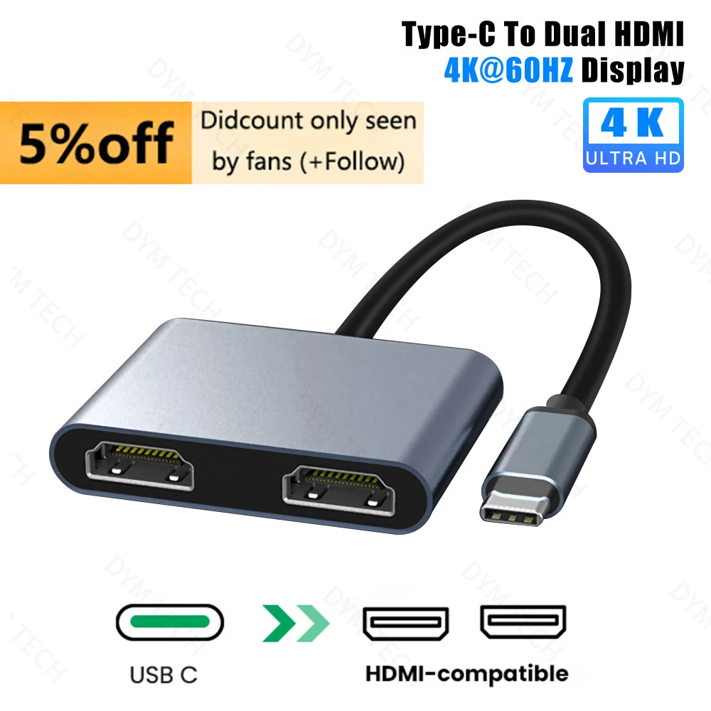 듀얼 HDMI 분배기 USB C 허브, 2 포트, 4K 60HZ, 듀얼 스크린 확장, C타입 도킹 스테이션, 맥북 노트북 휴대폰 PC용
