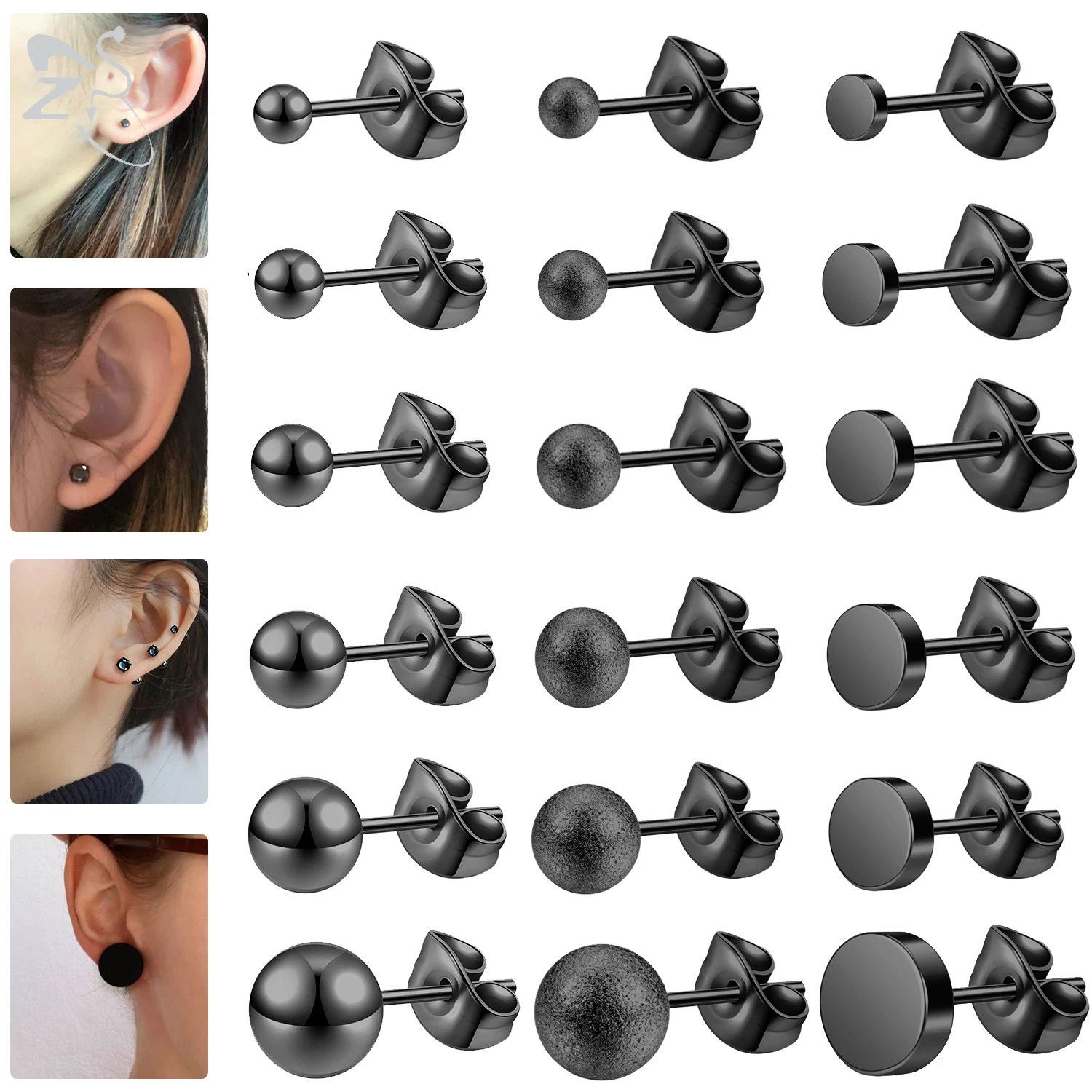 ZS-1PC-20G-Stainless-Steel-Round-Black-Color-Ear-Studs-For-Men-Push ...