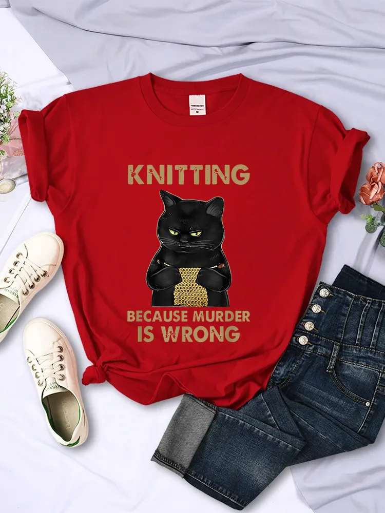 Knitting-Because-Murder-Is-Wrong-T-Shirt-for-Women-Personality-Casual ...