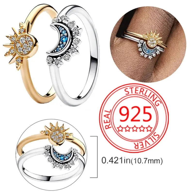 925-Sterling-Silver-Band-Ring-Gold-Sun-Blue-Moon-Rings-For-Women ...