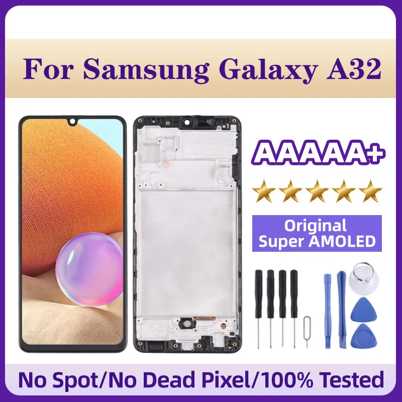 Original Super AMOLED LCD Screen Digitizer Montagem Completa Com Frame para Samsung Galaxy A32 ...
