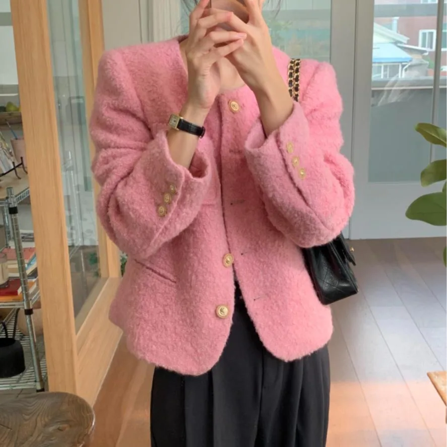 Fall Winter ort Pink Woolen Coat Metal Button Loose ket Women's Faion ...