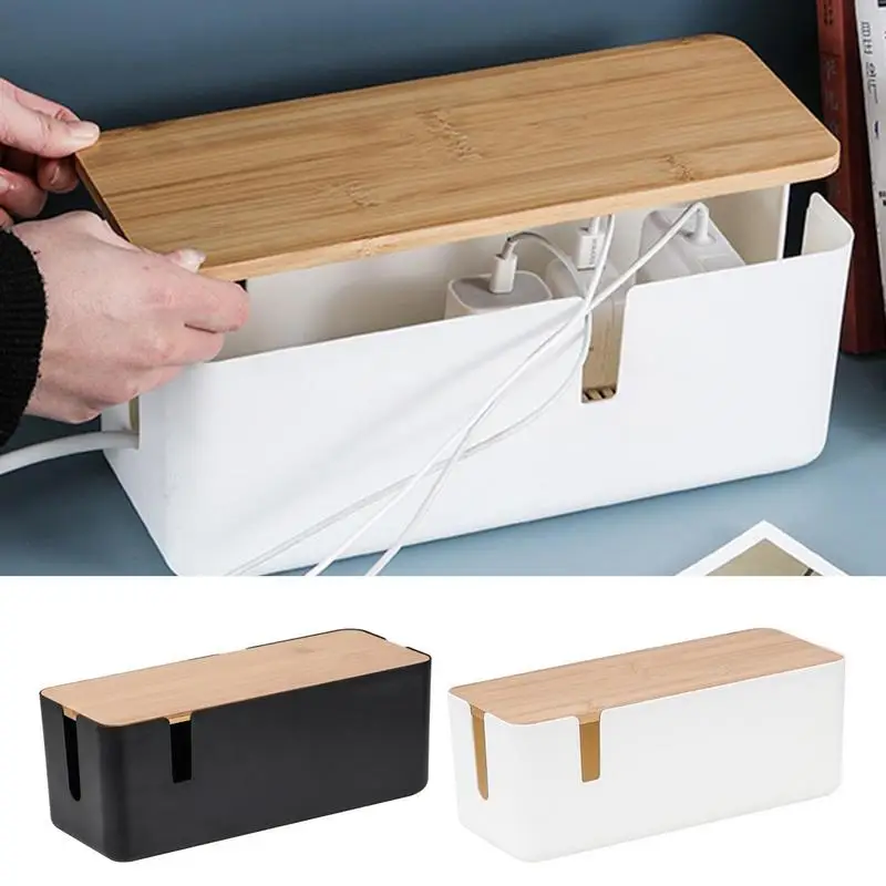 Cable-Management-Box-Power-Line-Storage-Case-Dustproof-Bamboo-Lid-Cord ...
