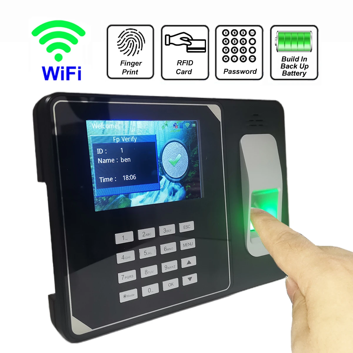 WiFi 4000 mAh Battery Biometric Fingerprint Time Clock Recorder ...