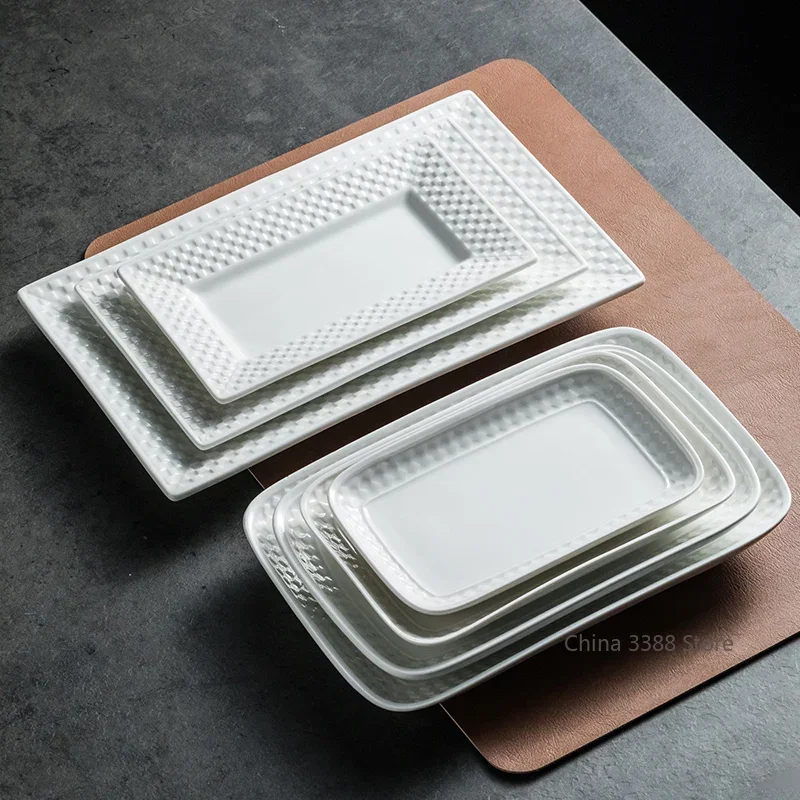 White-relief-ceramic-rectangular-plate-Commercial-Western-food ...