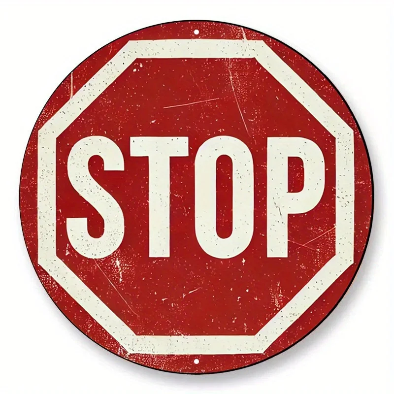 Vintage Round Aluminum Stop Sign Wall Art - Retro Metal Decor with ...