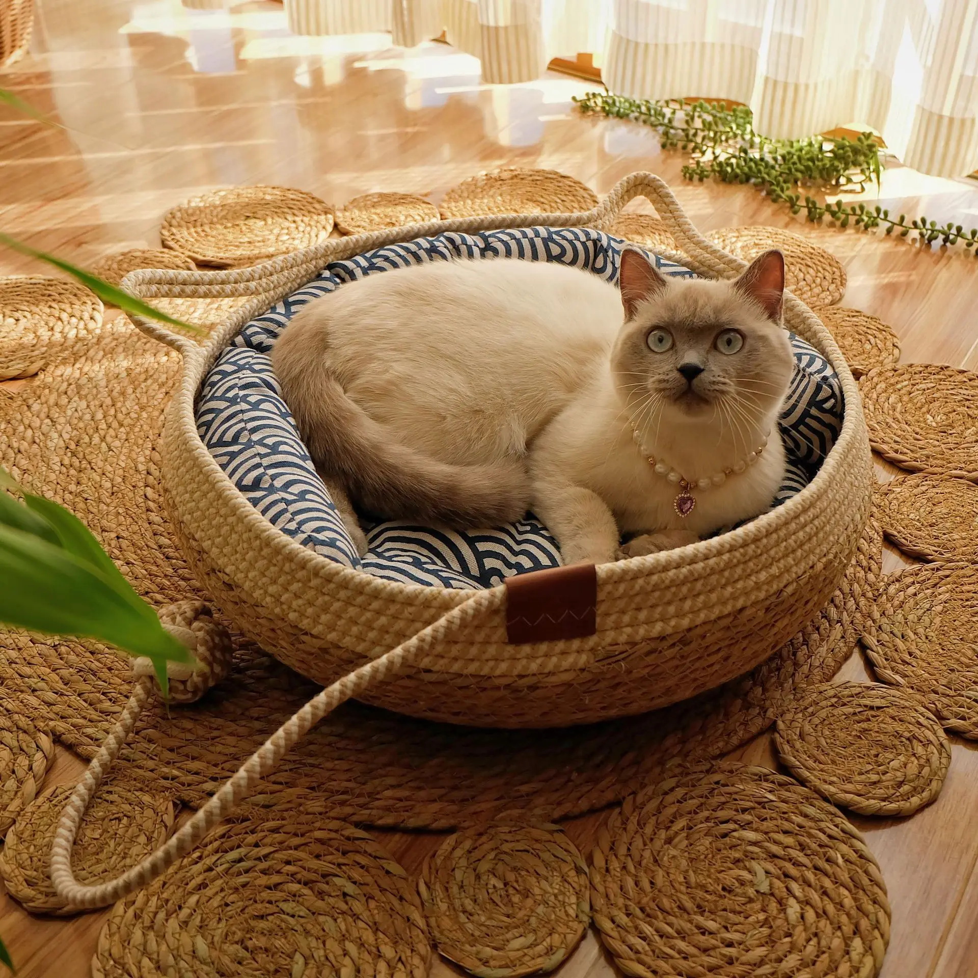 OUZEY 2024 New Rattan Woven Cat Bed Pet Nest All Seasons Comfortable ...