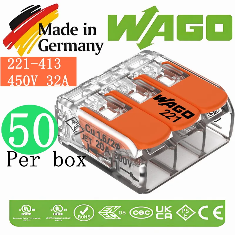 50PCS per WAGO box 221-413 3-hole 450V 32A 4MM² quick terminal with ...