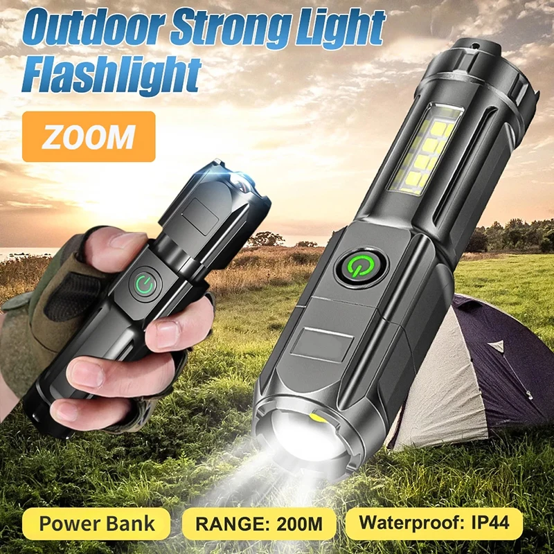 High Power Led Flashlight Super Bright Rechargeable Zoom Torch with COB ...