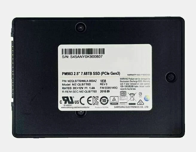 Samsung 7.68TB SSD MZQLB7T7HMLA 000AZ PM983 2.5" PCIE Nvme Gen3.0 x4 ...