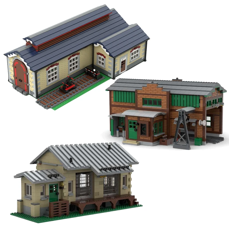 City Railway Train Station Engine Shed Model MOC Building Blocks Bricks ...