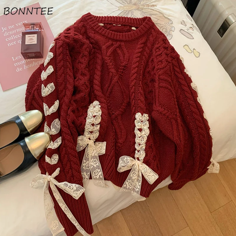 Red-Sweaters-Chic-Lace-up-Pullovers-for-Women-Hot-Sweet-Girls-Knitted ...