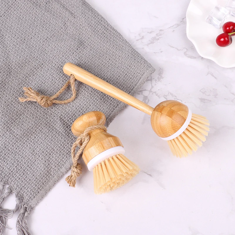 Wooden Bamboo Round Pot Dish Bowl Sink Stove Washing Brush Short Handle ...