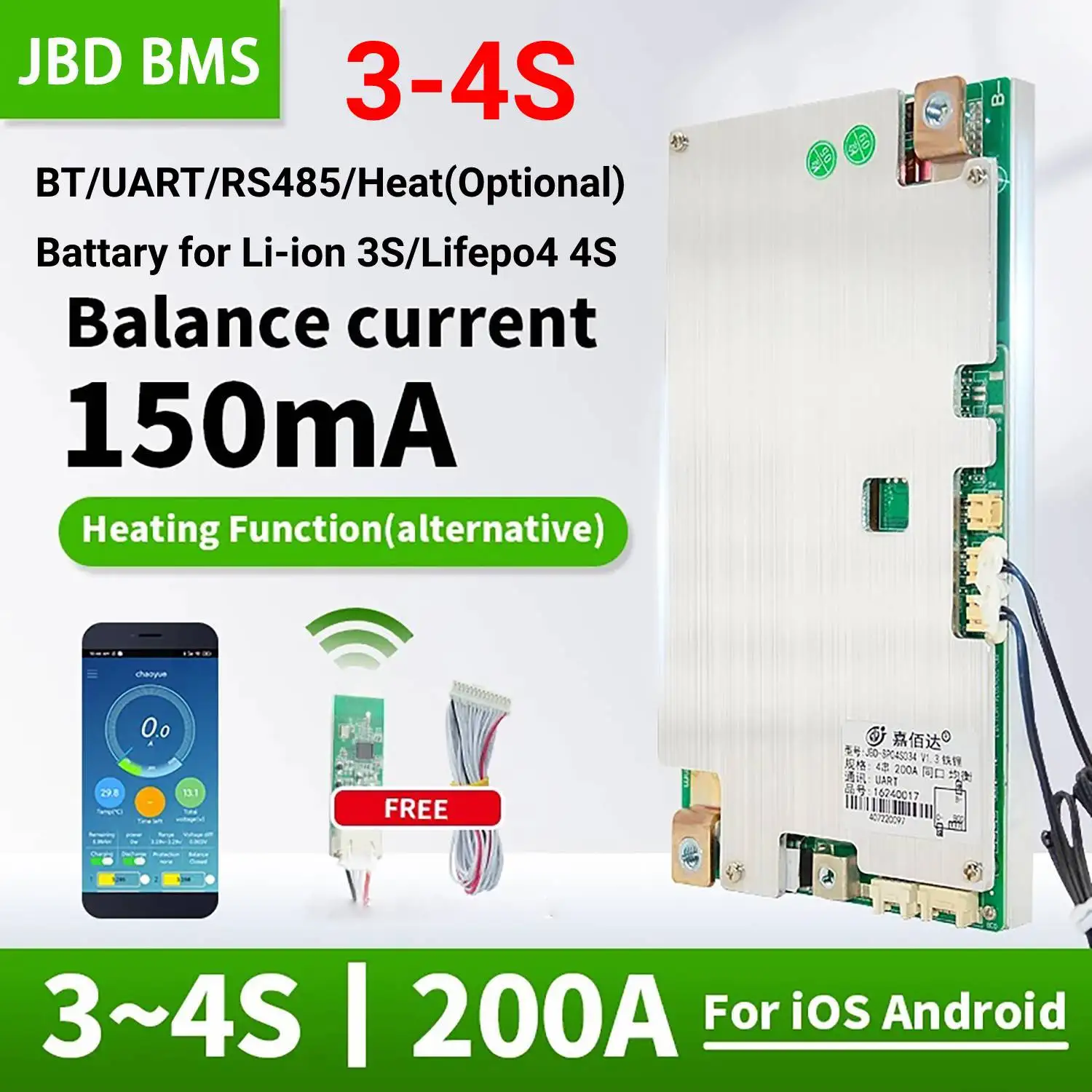 JBD 스마트 BMS 리튬 이온 밸런스 보드, 리튬 배터리 온도 센서, UART RS485 열 기능, 무료 BT, 4S, 12V ...