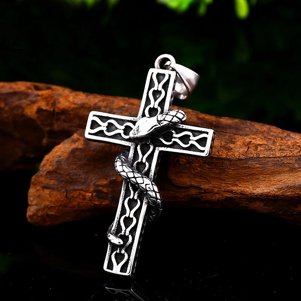Vintage-Snake-Cross-Necklace-For-Men-Stainless-Steel-Snake-Wrap-Biker ...
