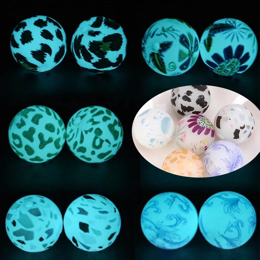 Lofca 20pcs 12mm Luminous Beads Glow In The Dark 15mm Printed Silicone ...