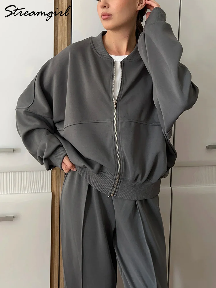 Sweatsuits-Pant-Sets-For-Women-2-Pieces-Outfit-Oversize-Zipper ...