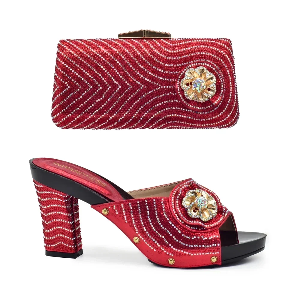 New Arrival Red Color African Women Italian Shoes and Bag Set Decorated ...