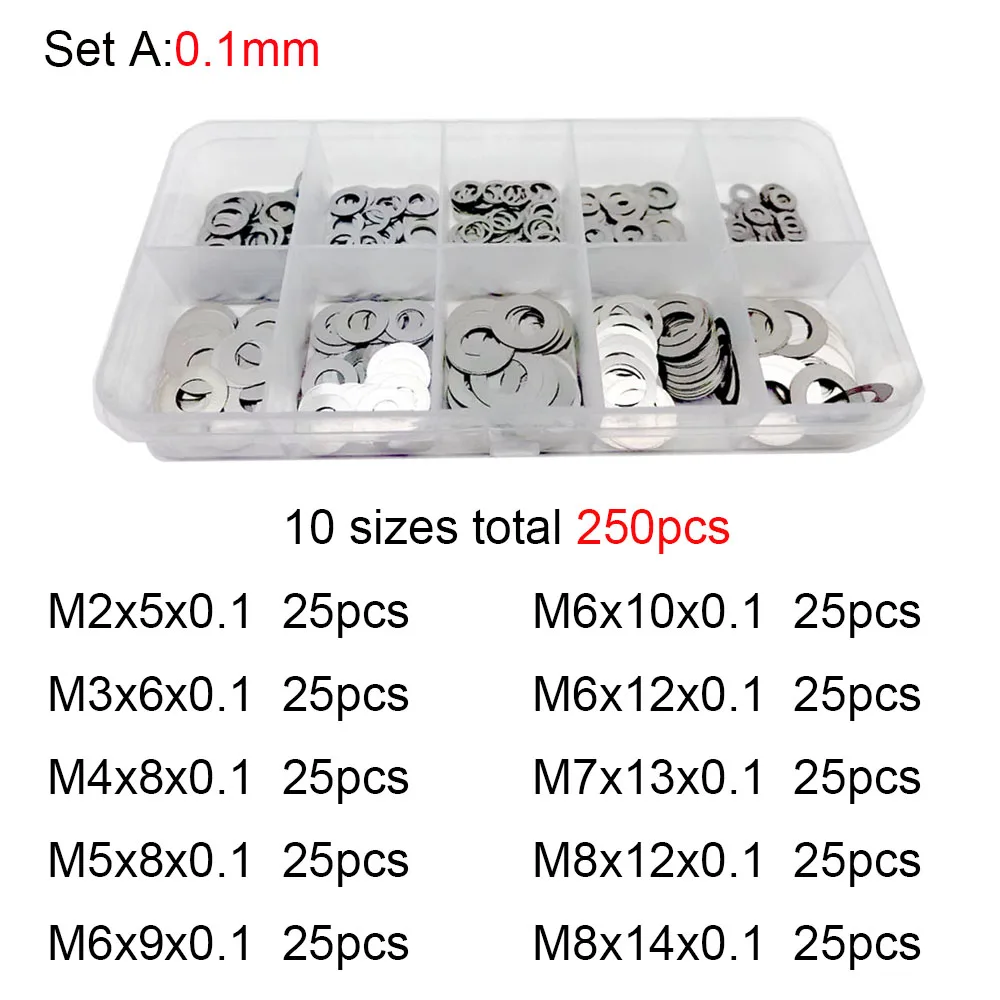 250Pcs DIN988 M2 M3 M4 M5 M6 M7 M8 304 Stainless Steel Ultra Thin Flat Washer Set Adjusting Shim ...