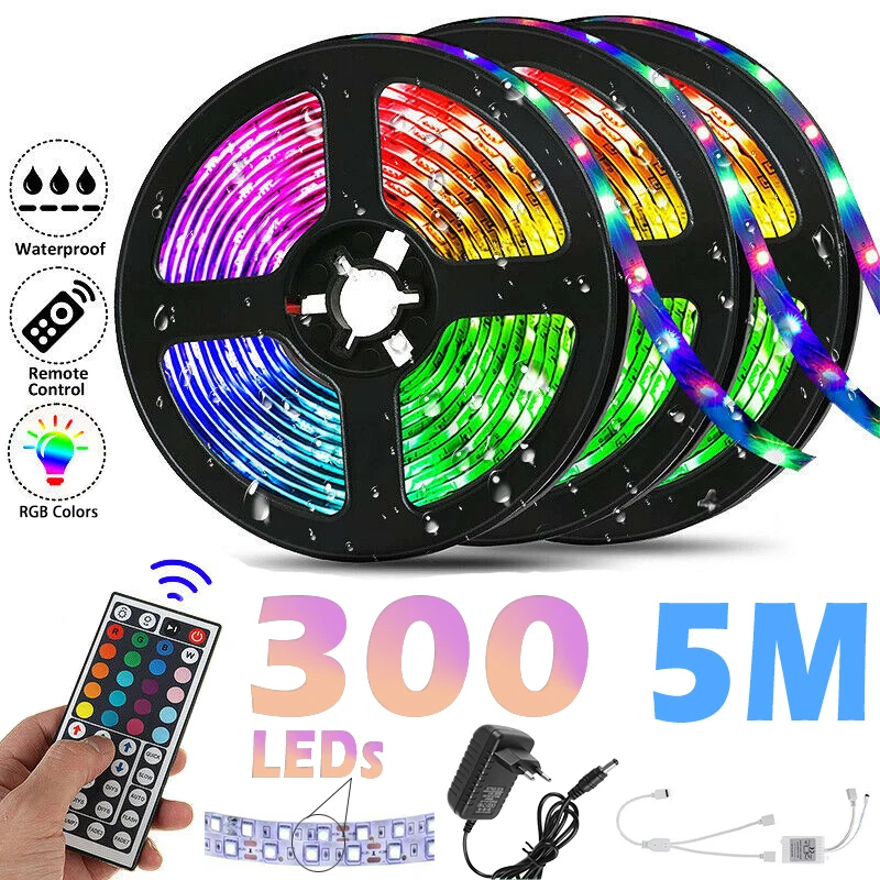Tira de luces LED RGB 5050 IC, lámpara de cuerda impermeable de 5M, 300 ...