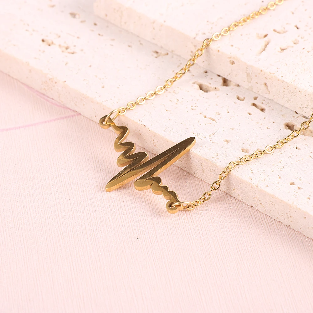 Gold Stainless Steel Heartbeat Necklace Water Resistant Titanium Steel ...