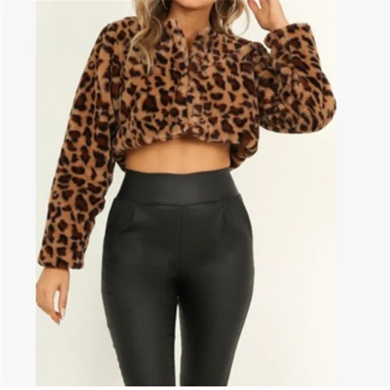 Omsj 2019 inverno moda feminina novo botão leopardo impressão gola alta manga longa solto ...