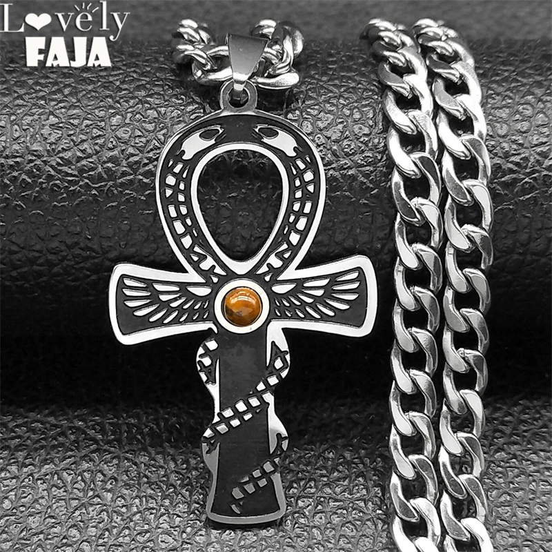 Retro Ankh Cross Tiger Eye Stone Necklace for Men Goth Stainless Steel ...