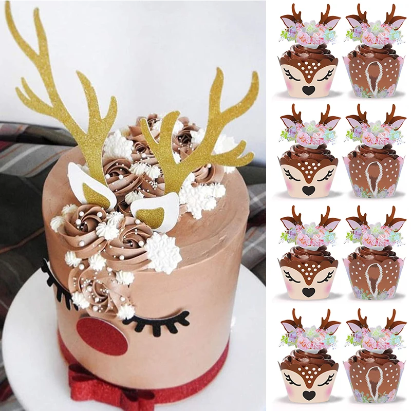 Gold-Glitter-Deer-Elk-Antlers-Cake-Topper-Elk-Paper-Cupcake-Wrapper-For ...
