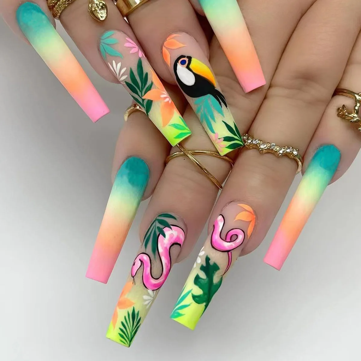 24pcs-set-fake-nails-accessories-Spring-summer-brids-snake-leaf-designs ...