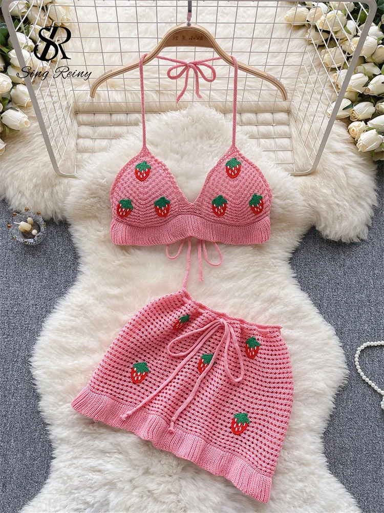 SINGREINY Strawberry Sweet Beach Two Pieces Sets Halter Backless Camis ...