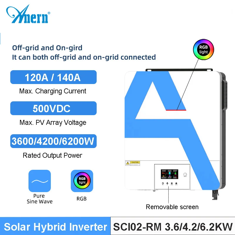 Anern 6.2KW 4.2KW Solar Inverter Hybrid 3.6KW On Grid/Off Grid Solar Inversor MPPT 120A Solar ...