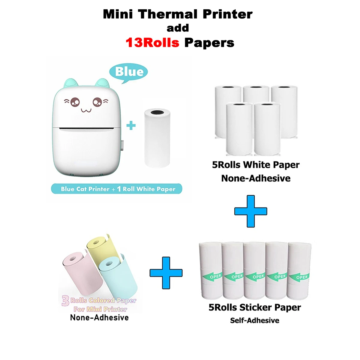 Portable-Mini-Thermal-Printer-with-13-Rolls-Papers-Wireless-BT-200dpi ...