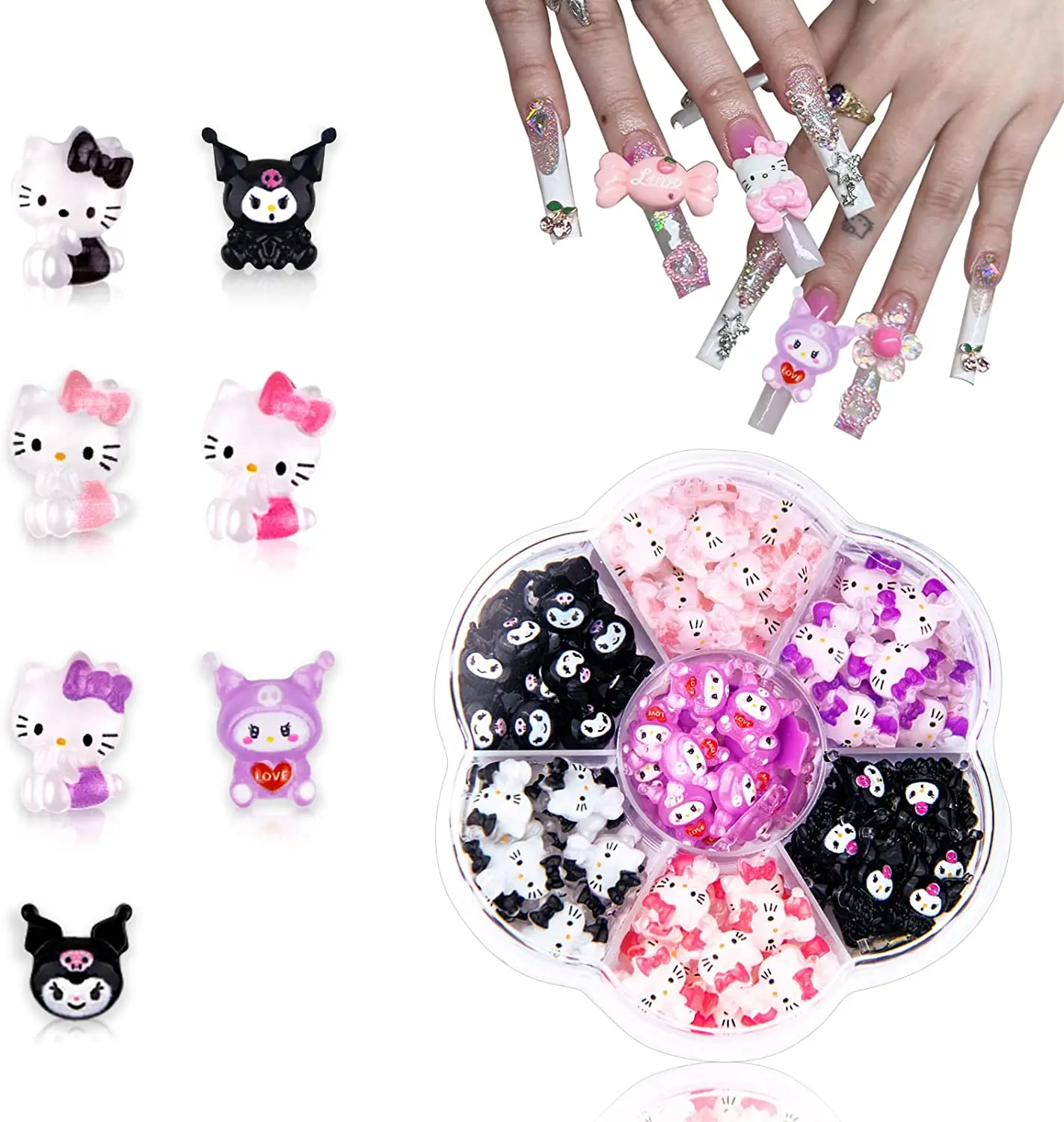 70pcs New Black Hellos Kittys Sanrioed Kawaii Cartoon Kuromi Nail, nail ...