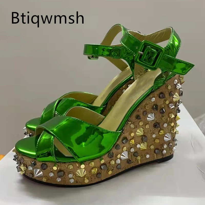 Green Platform Wedges Sandals Opentoe Gold Rivet High Heels Shoes Woman ...